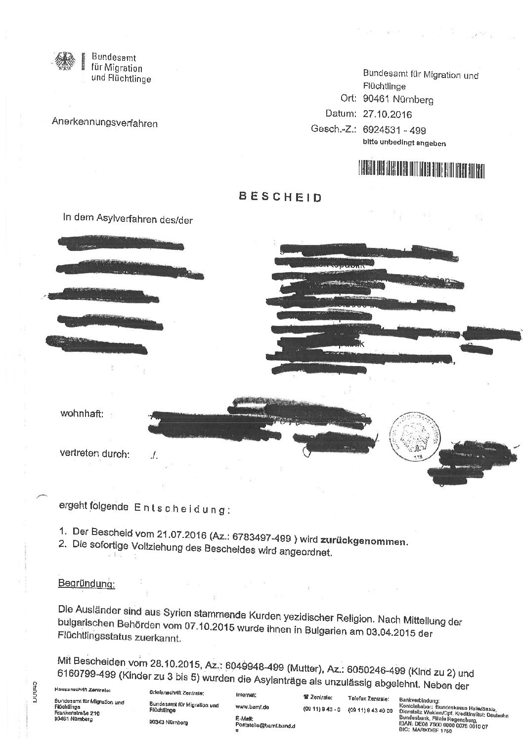 nahm das BAMF – Zentrale Nürnberg – am 27.10.2016 den schutzgewährenden ...